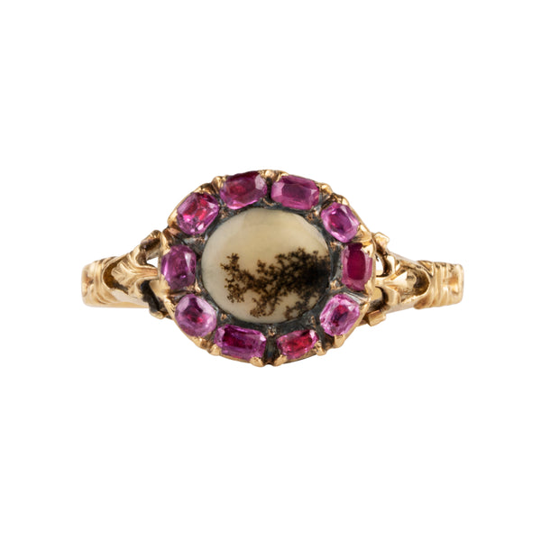 Diminutive Georgian Era Moss Agate and Ruby Ring – Bell and Bird